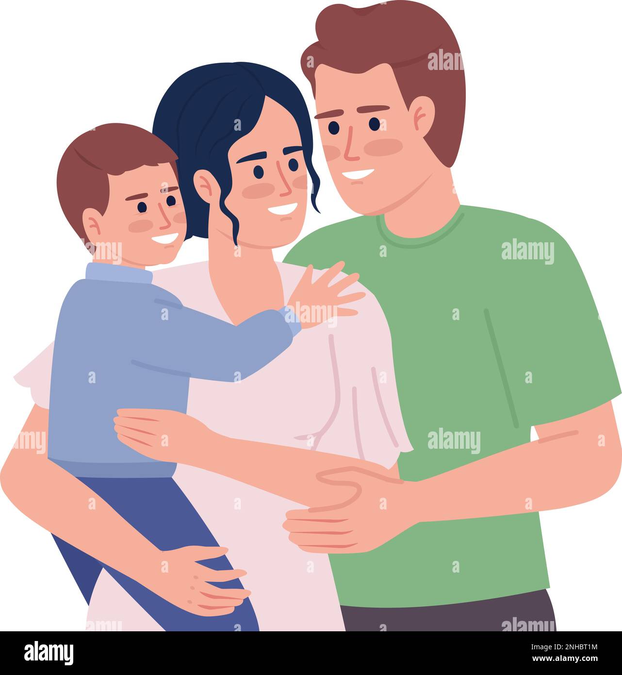 Happy young parents with small boy semi flat color vector characters ...