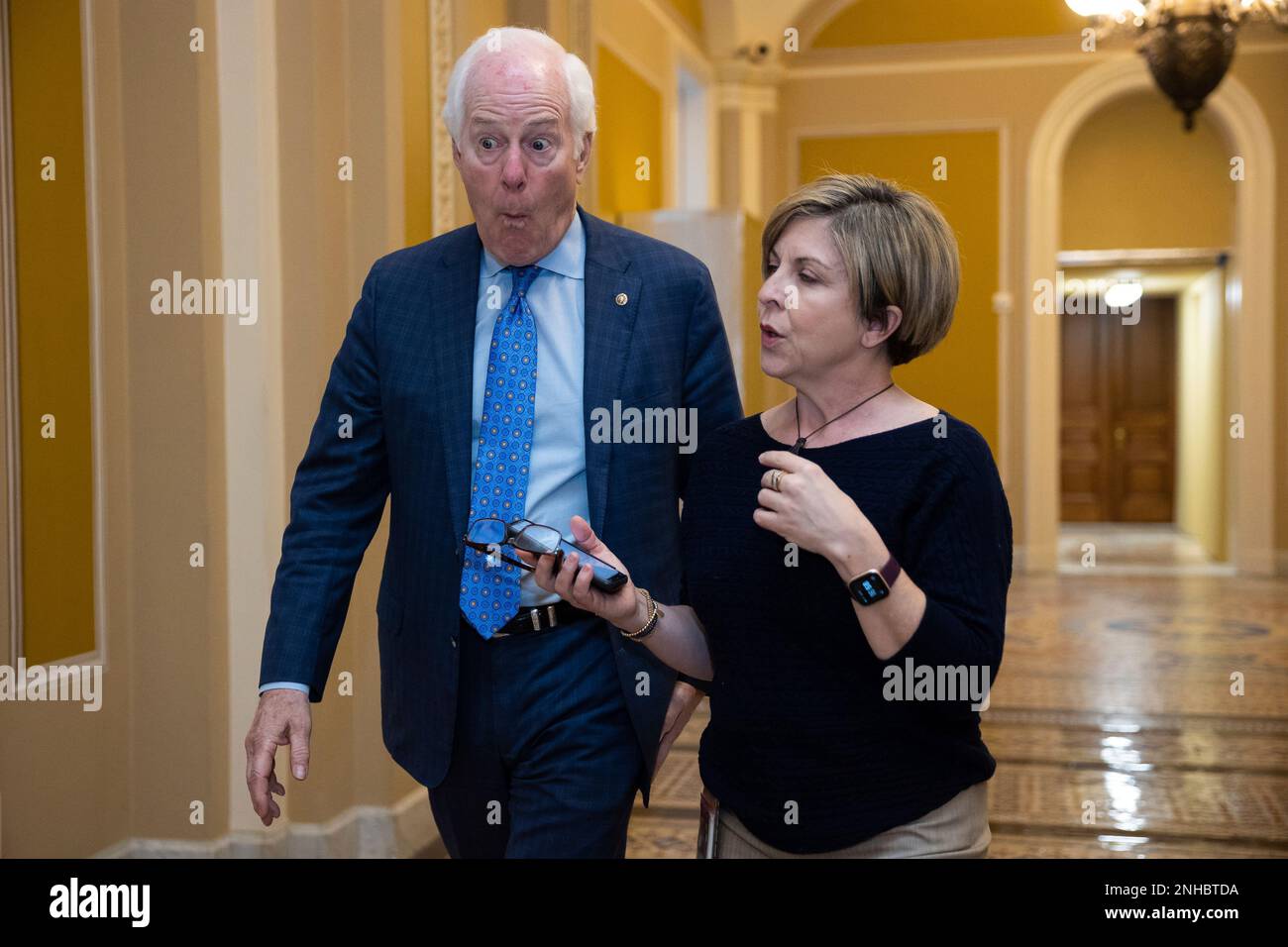 Sen. John Cornyn (R-Texas) speaks with a reporter at the U.S. Capitol ...