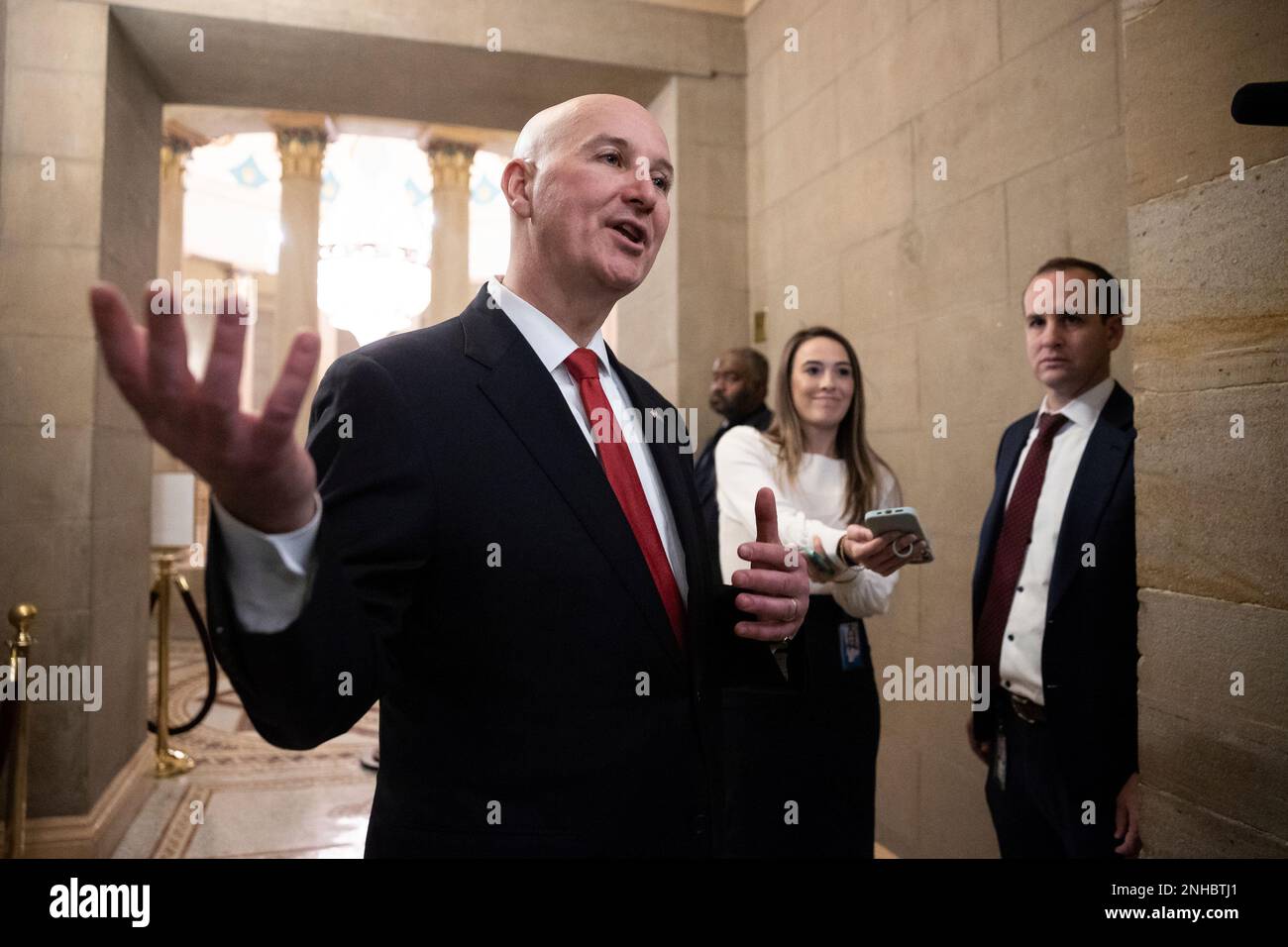 Sen. Pete Ricketts (R-Neb.) speaks with reporters at the U.S. Capitol ...