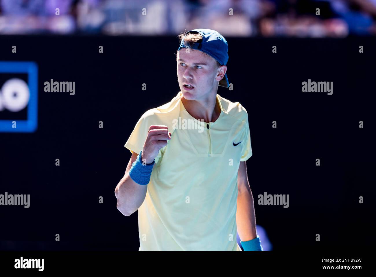 MELBOURNE, VIC - JANUARY 23: Holger Rune of Denmark celebrates during ...