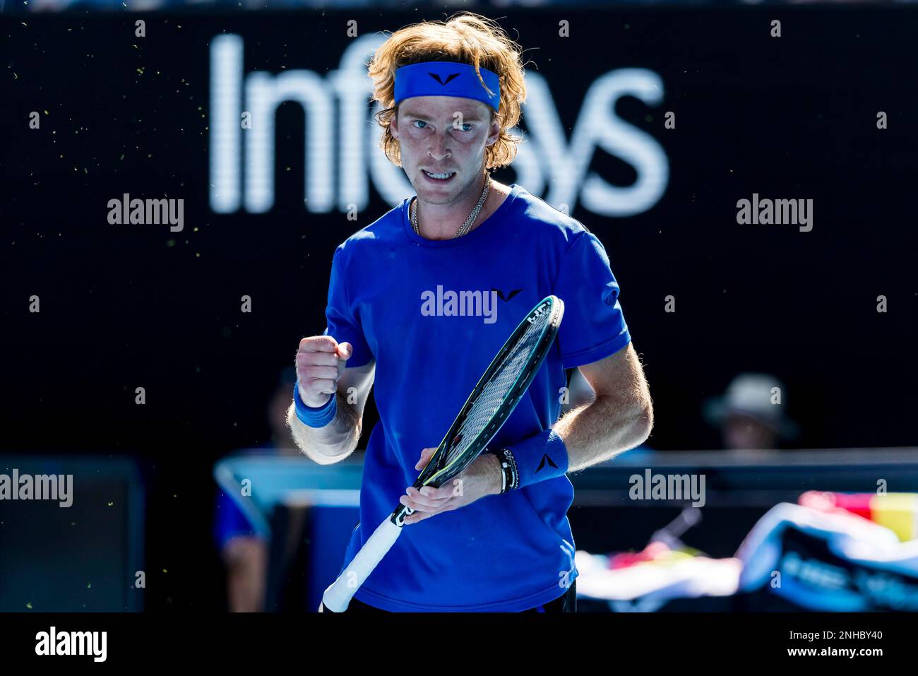 MELBOURNE, VIC - JANUARY 23: Andrey Rublev of Russia celebrates during ...