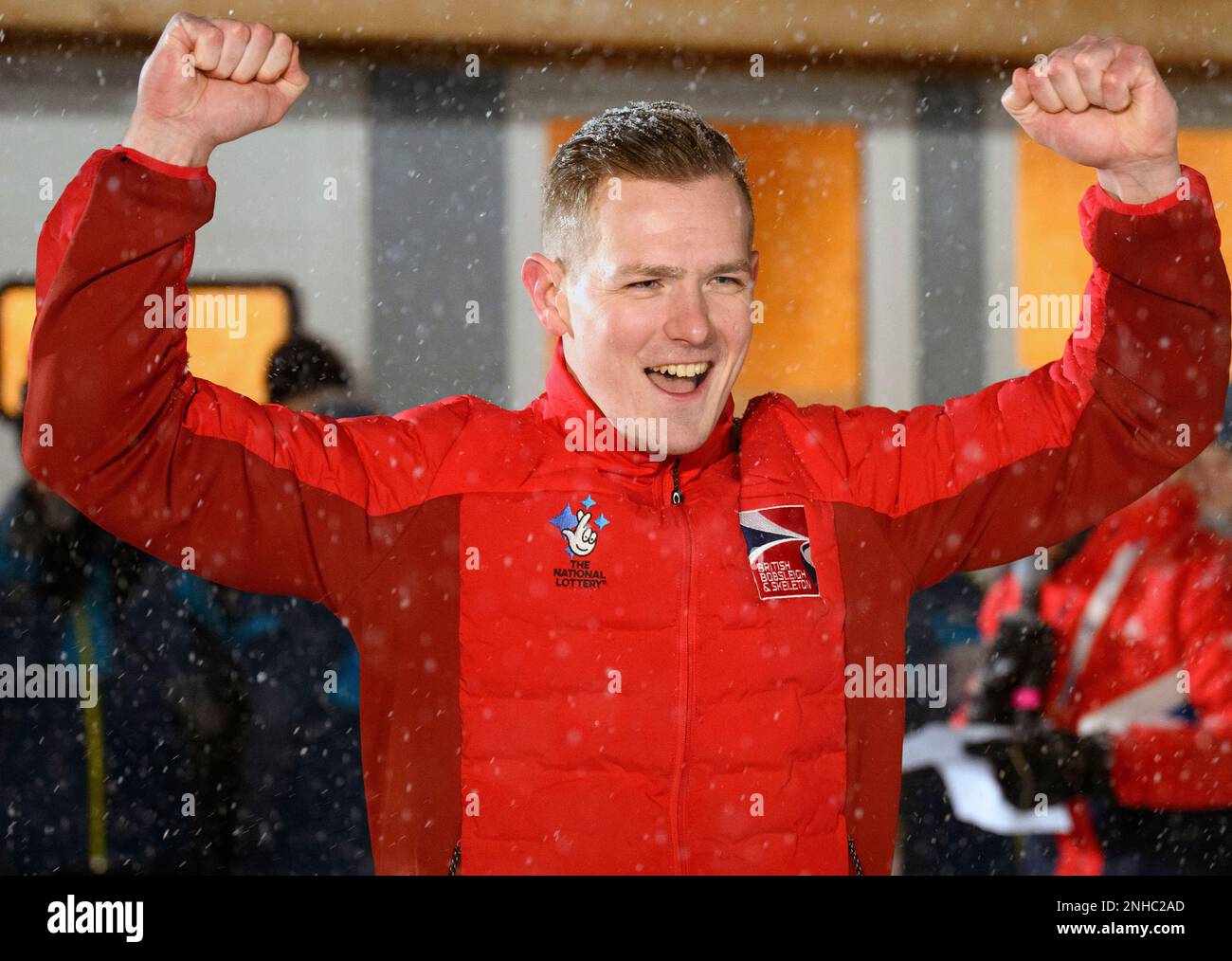 Winner Brad Hall from Great Britain cheers on his way to the podium of ...
