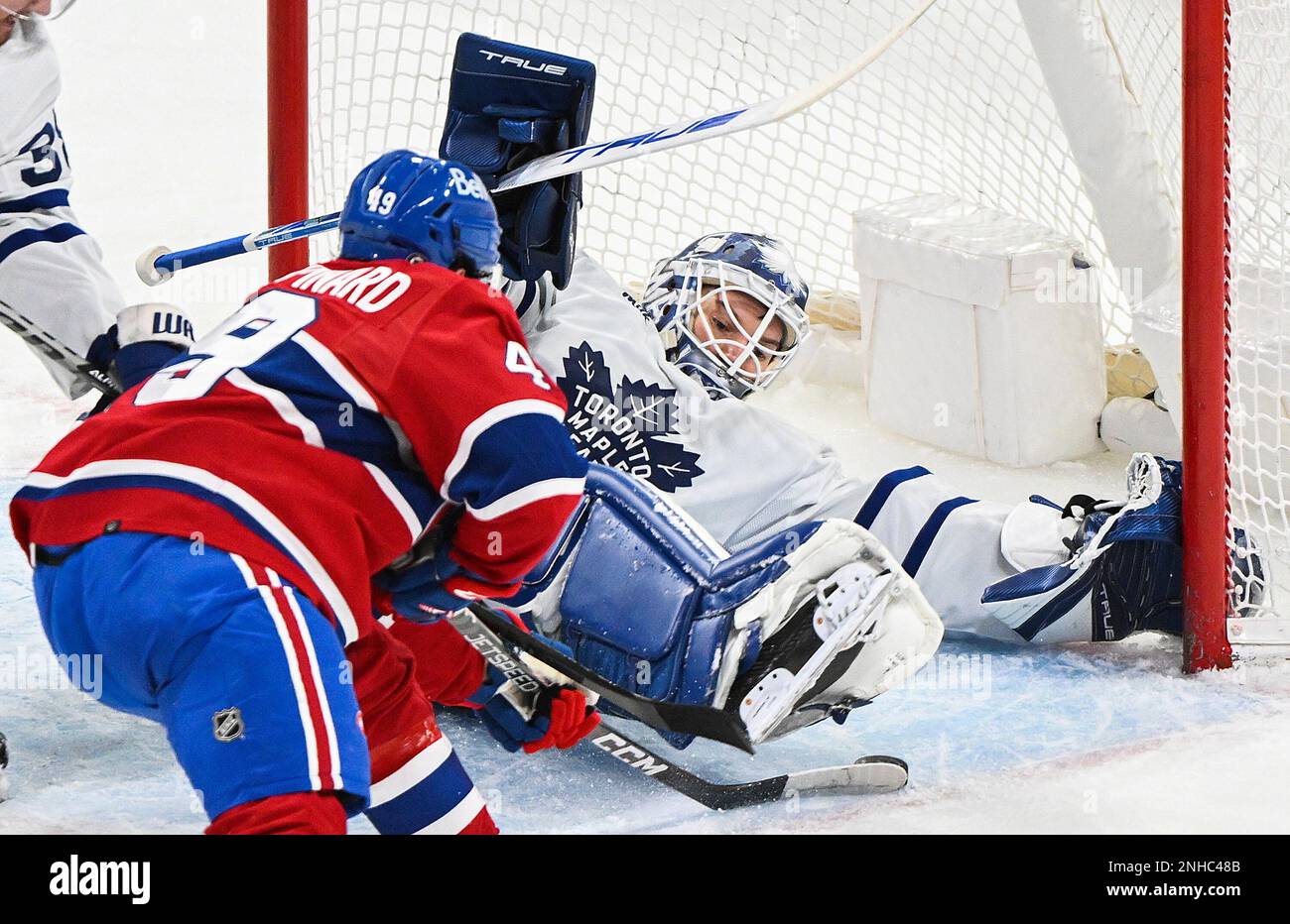 Montreal Canadiens' Rafael Harvey-Pinard is stopped by Toronto Maple ...
