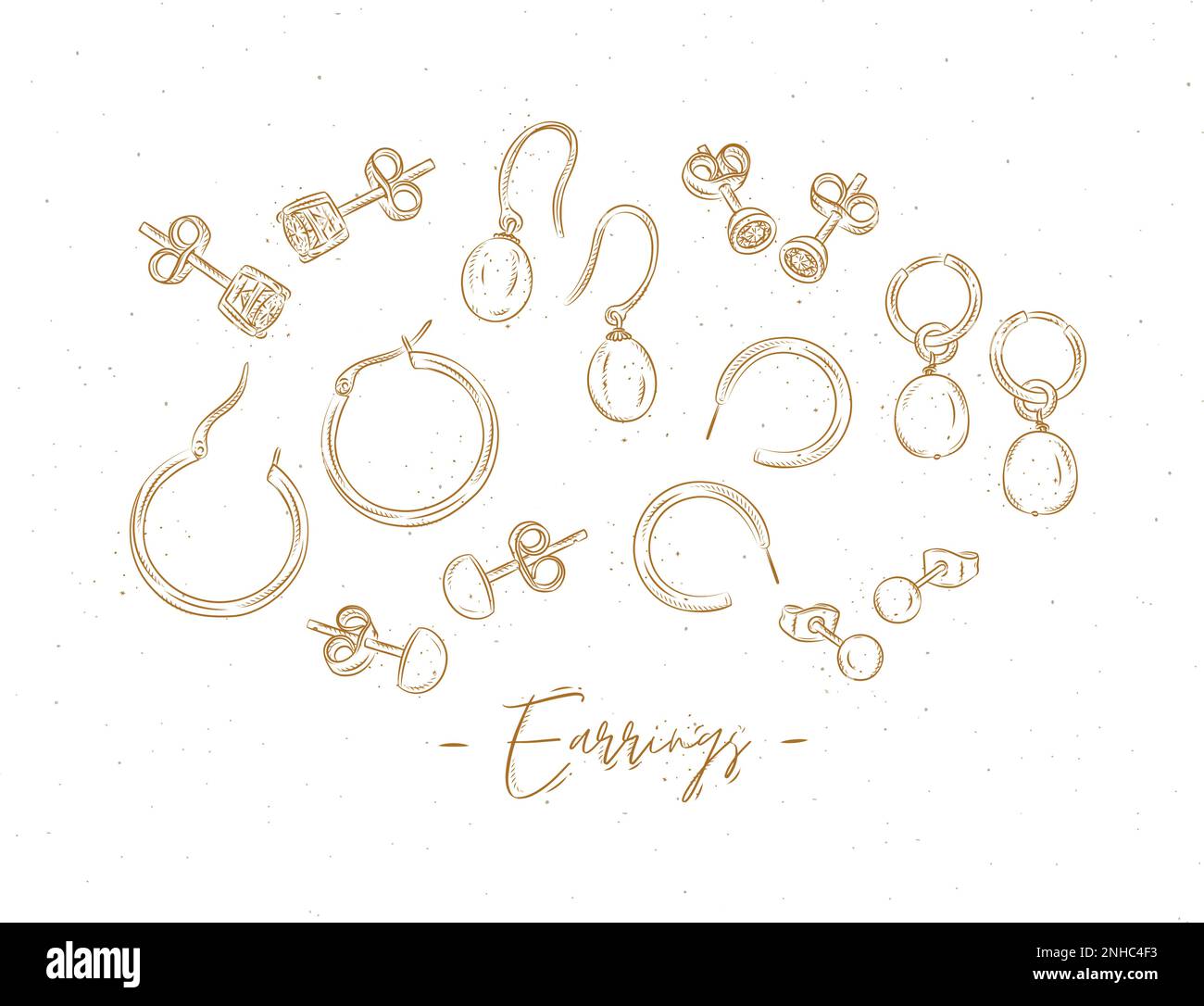 Earrings from precious metals with diamonds and pearls drawing in graphic style on beige ...