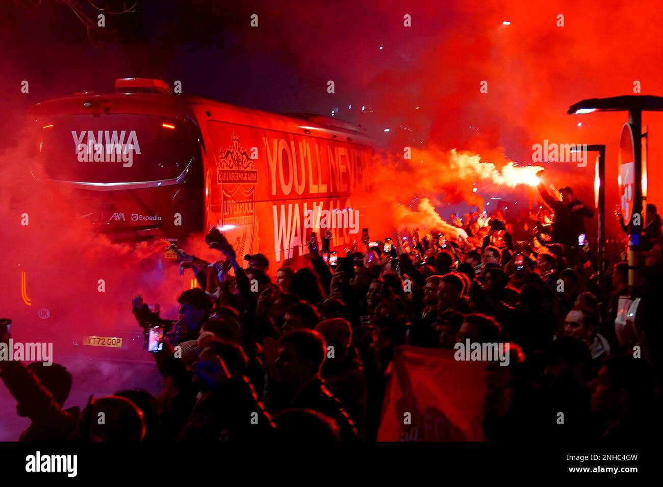 The Liverpool team bus passes fans as it arrives at the stadium ahead ...