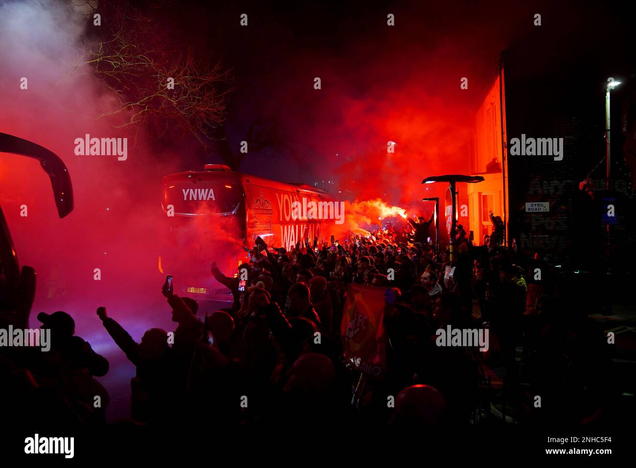 The Liverpool team bus passes fans as it arrives at the stadium ahead ...
