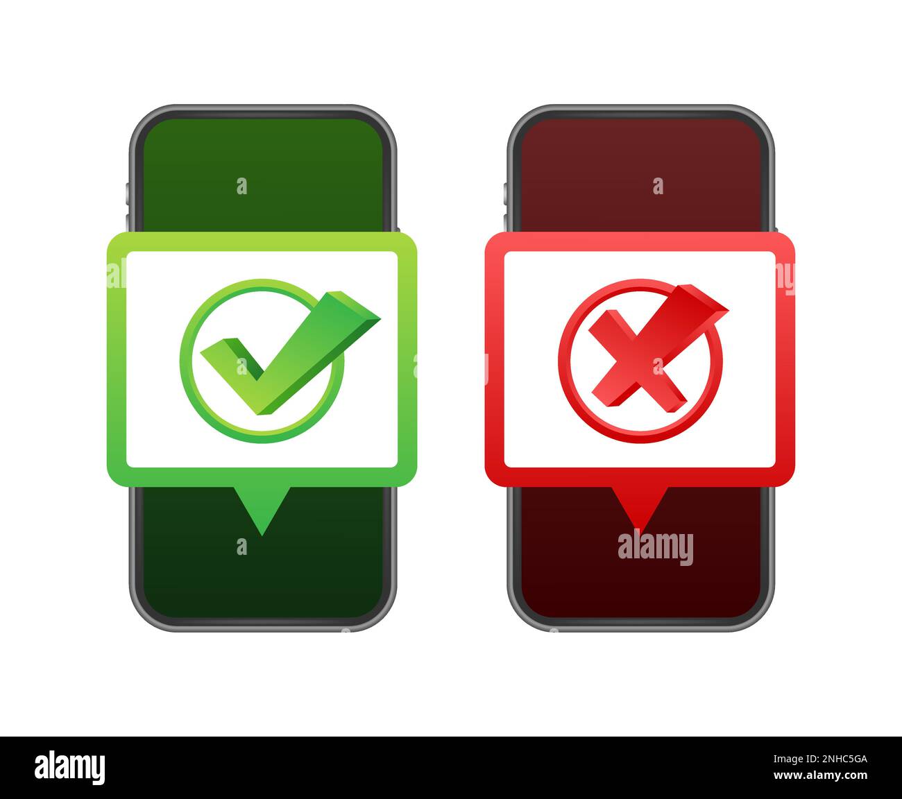 Hands holding smartphones with checkmarks set. Tick and cross check ...