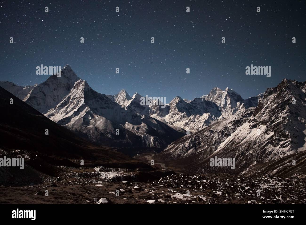 Ama Dablam mountain panoramic view on a starry night. Beautiful night ...