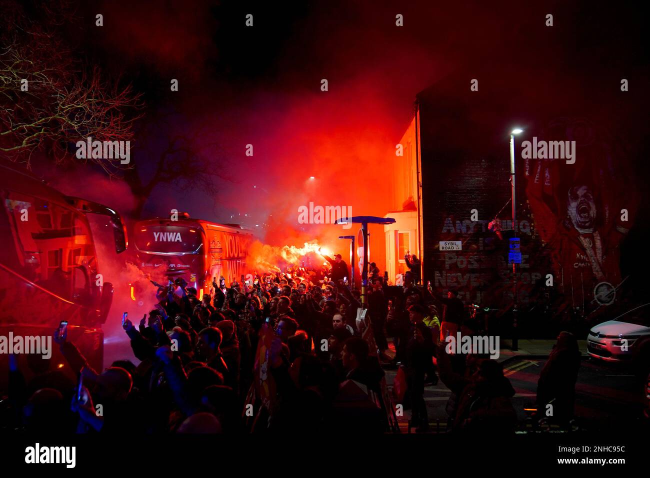 The Liverpool team bus passes fans as it arrives at the stadium ahead ...