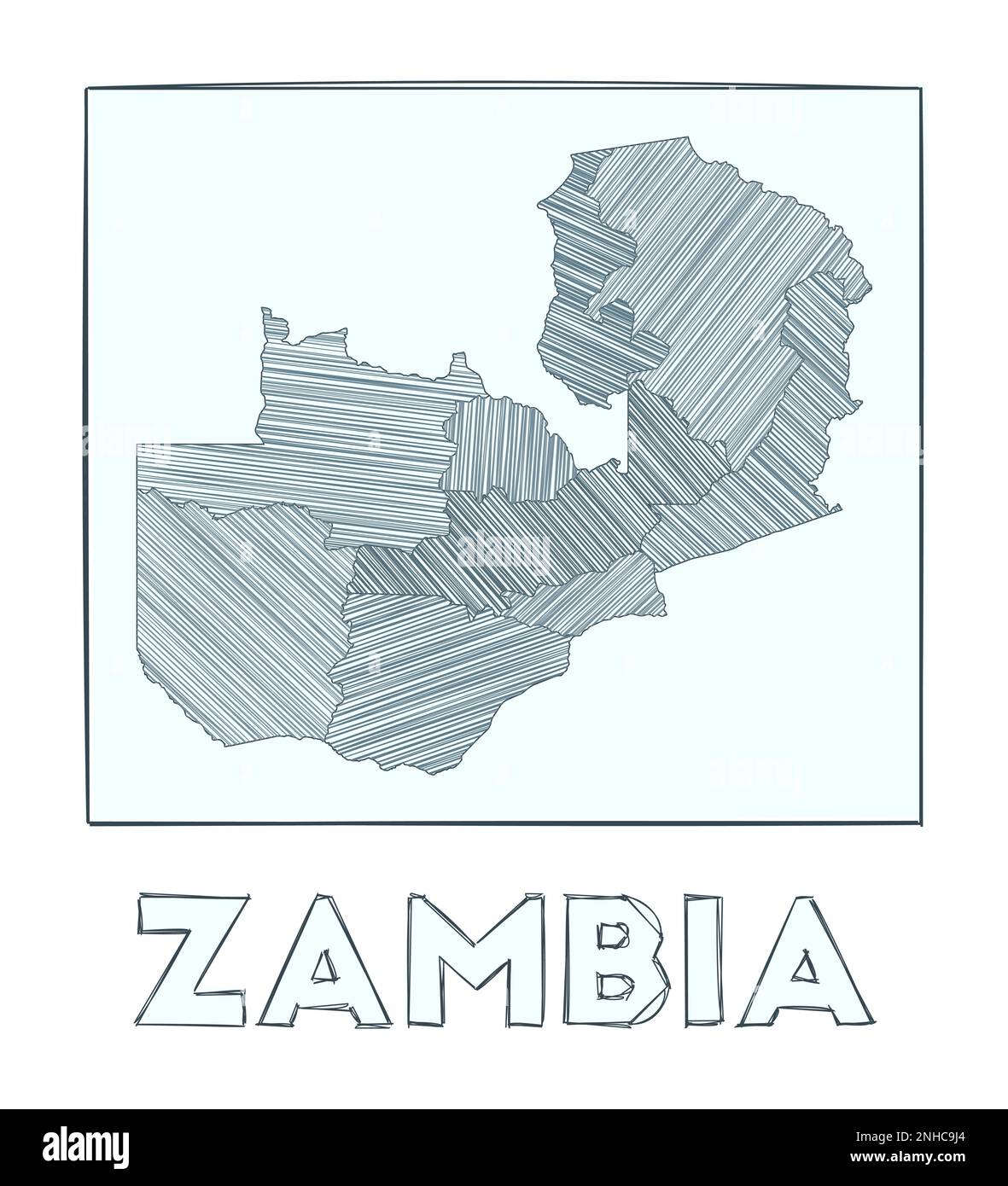 Sketch map of Zambia. Grayscale hand-drawn map of the country. Filled ...