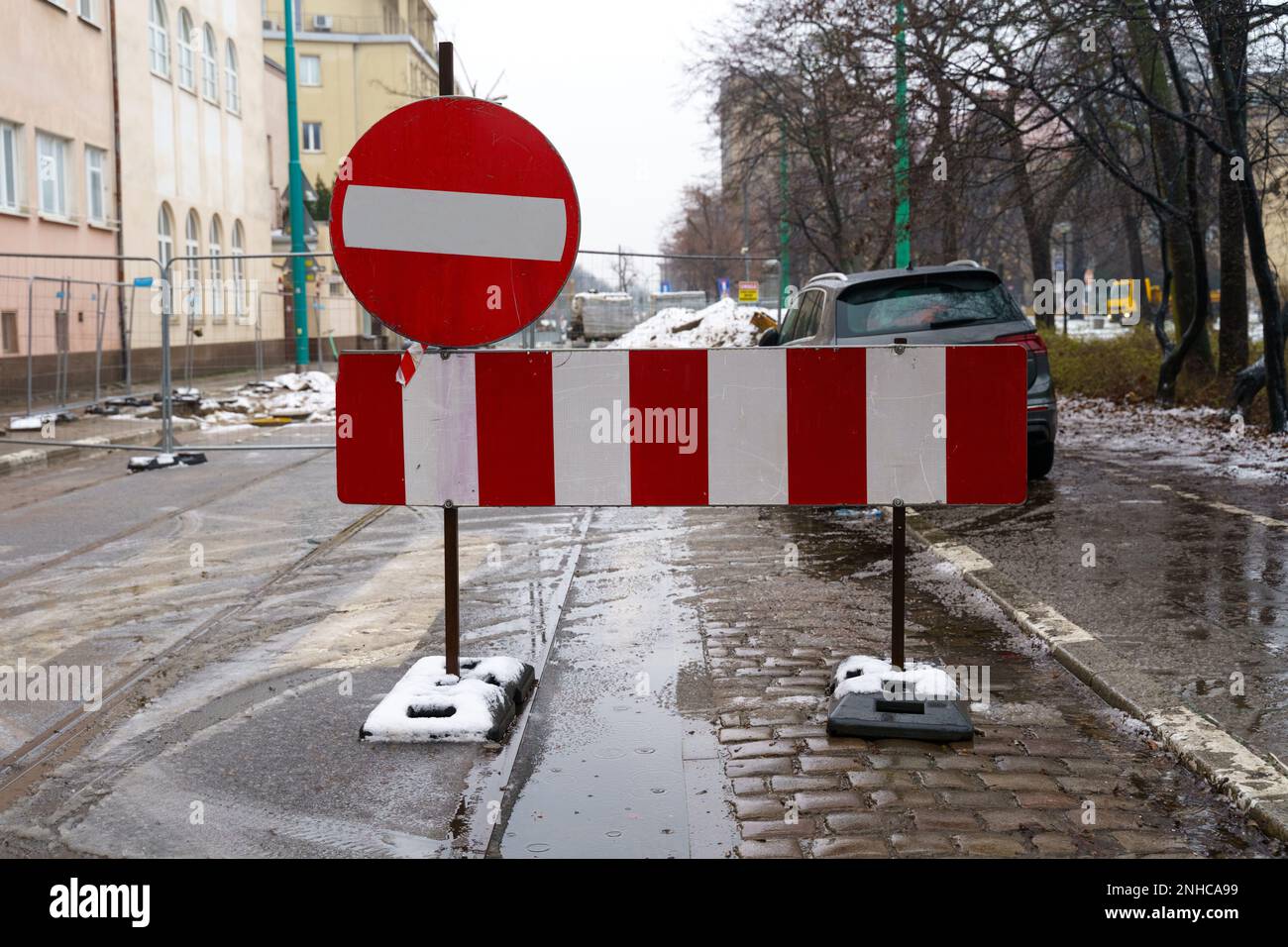 Road sign entry is prohibited, installed on a city street in front of a ...
