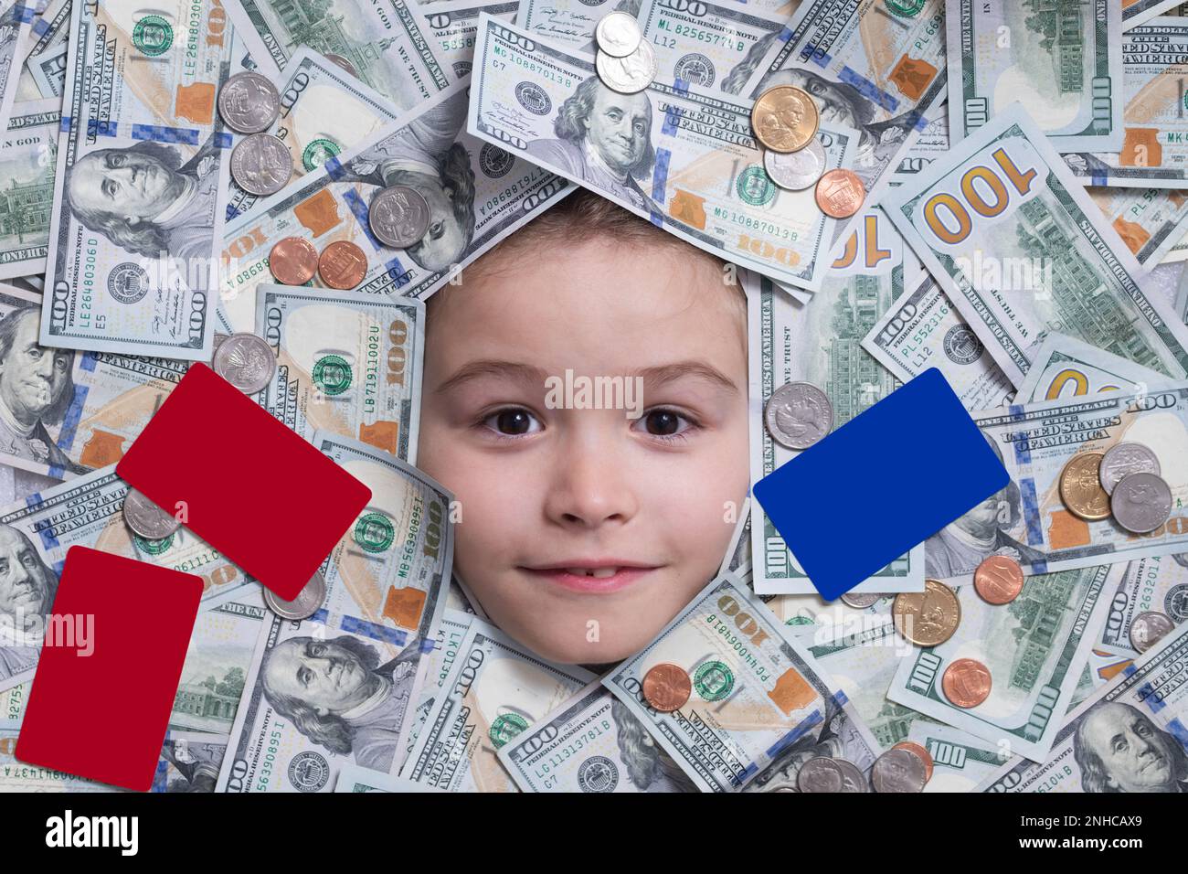 Funny kids face in money dollars banknotes background. Cash dollars ...