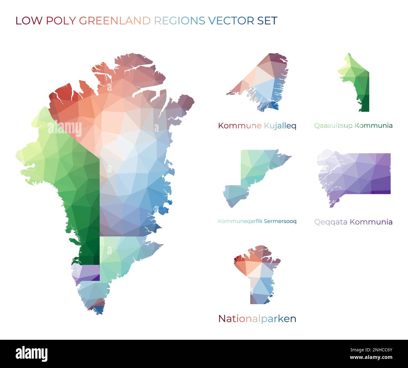 Greenlandic low poly regions. Polygonal map of Greenland with regions. Geometric maps for your ...
