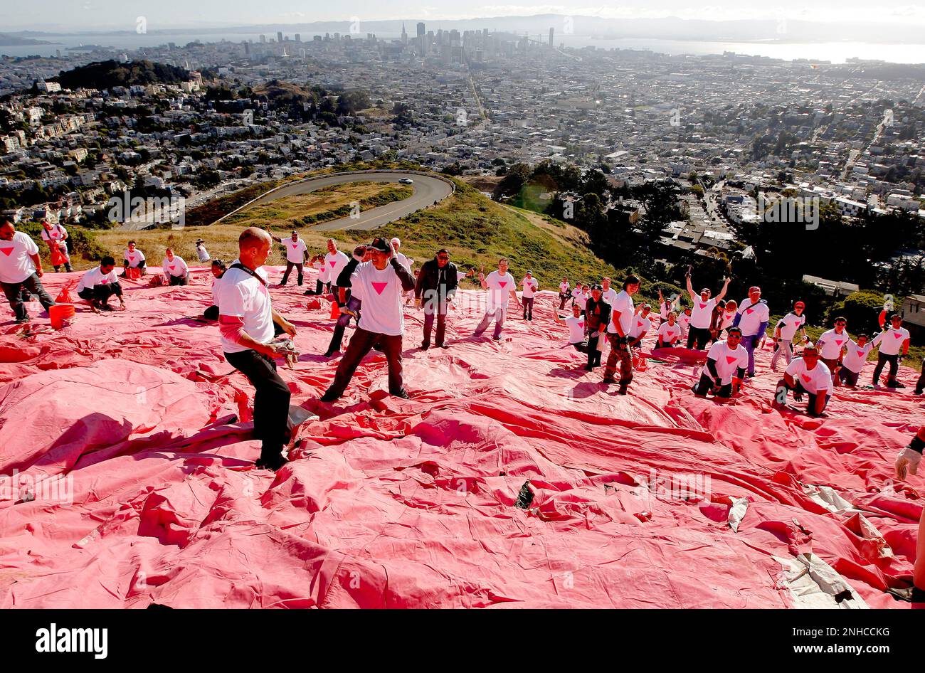 Volunteers with "Friends of the Pink Triangle", cover the surface of ...