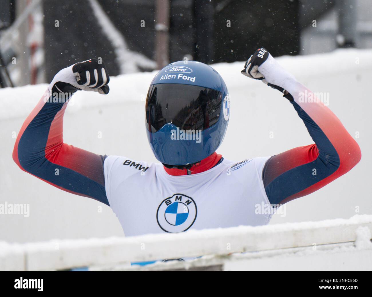 Matt Weston from Great Britain cheers after the victory in the European ...