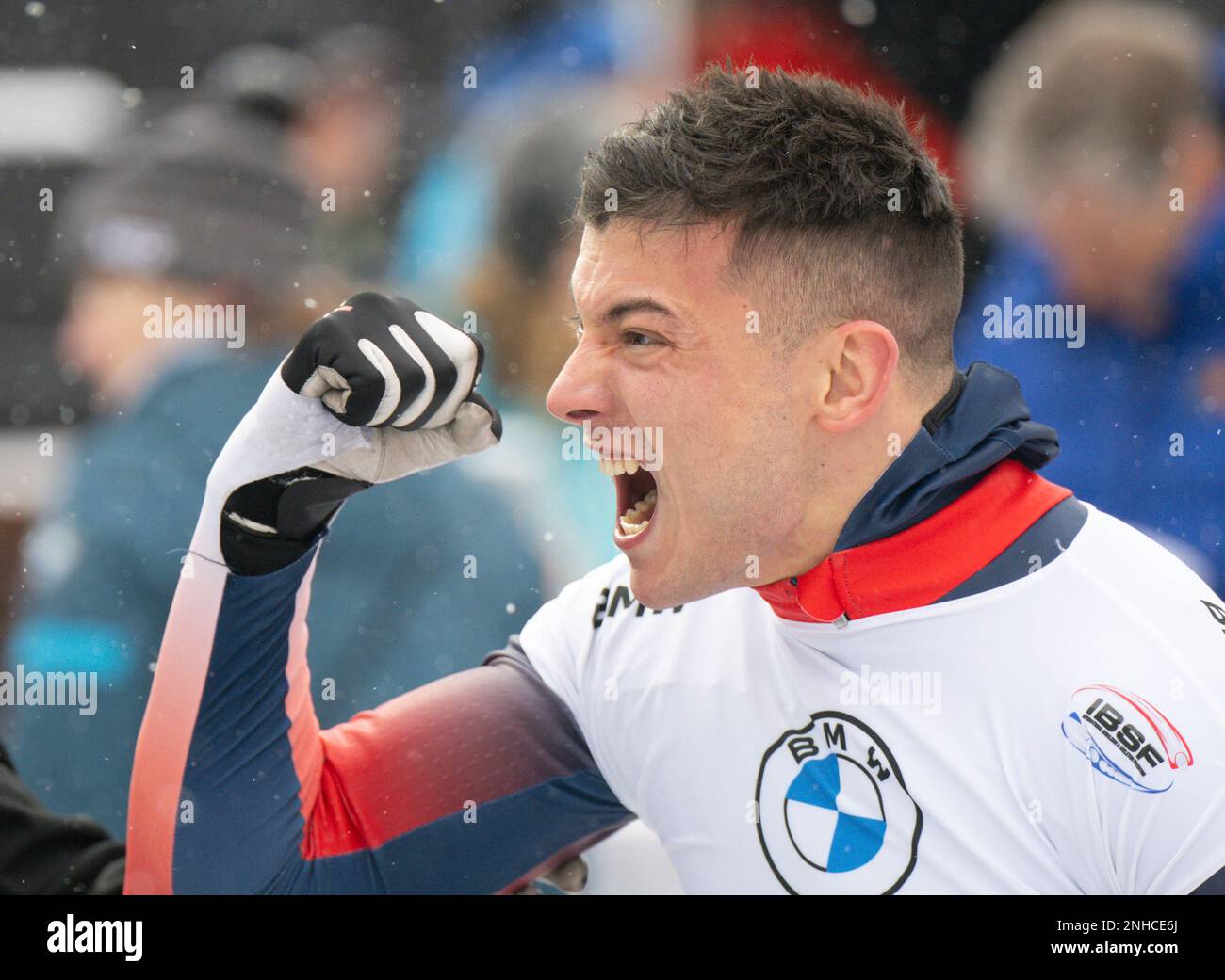 Matt Weston from Great Britain cheers after the victory at the European ...