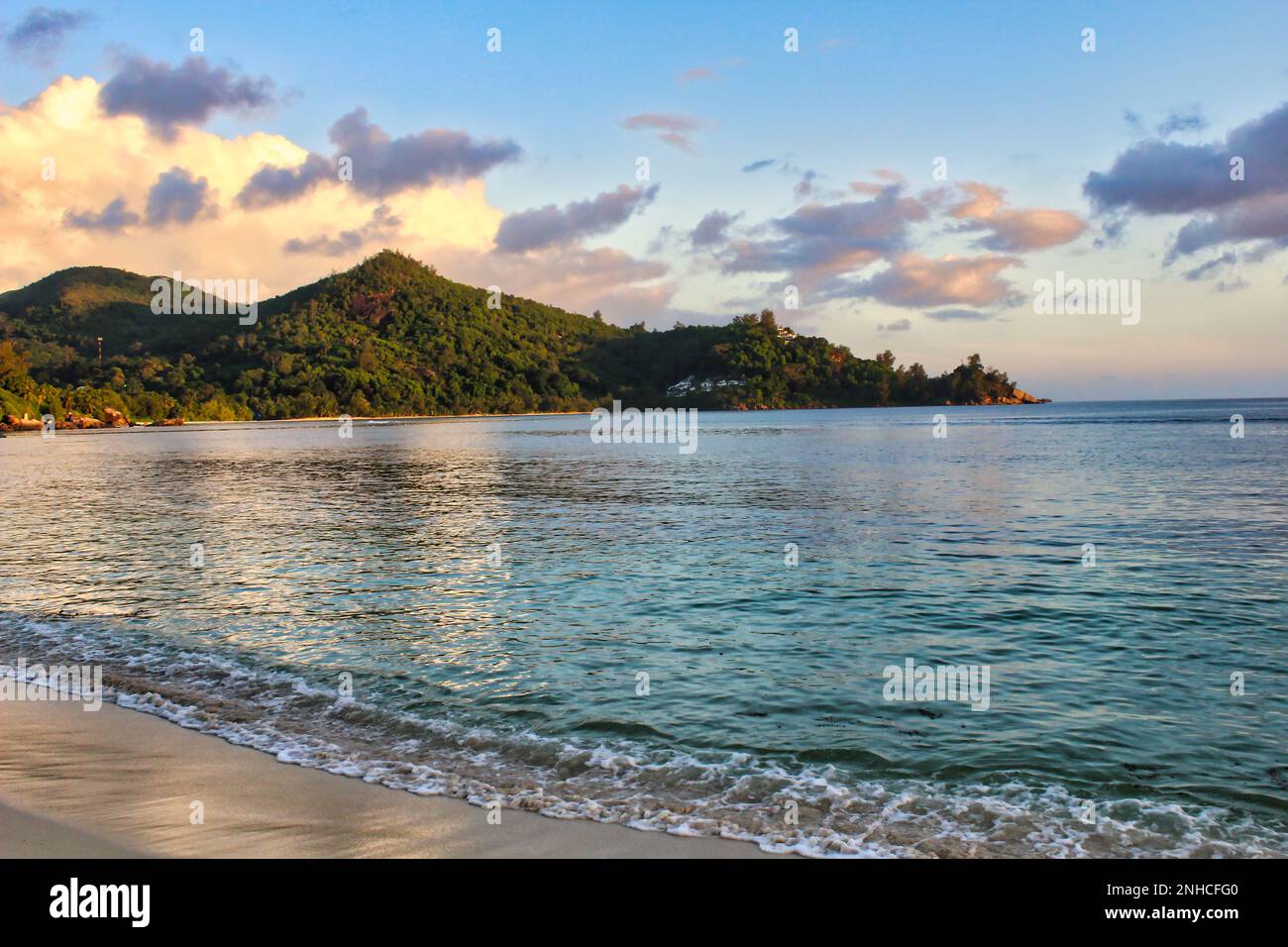 Evening tropical sunset views on the Baie Lazare beach in Mahe Island ...
