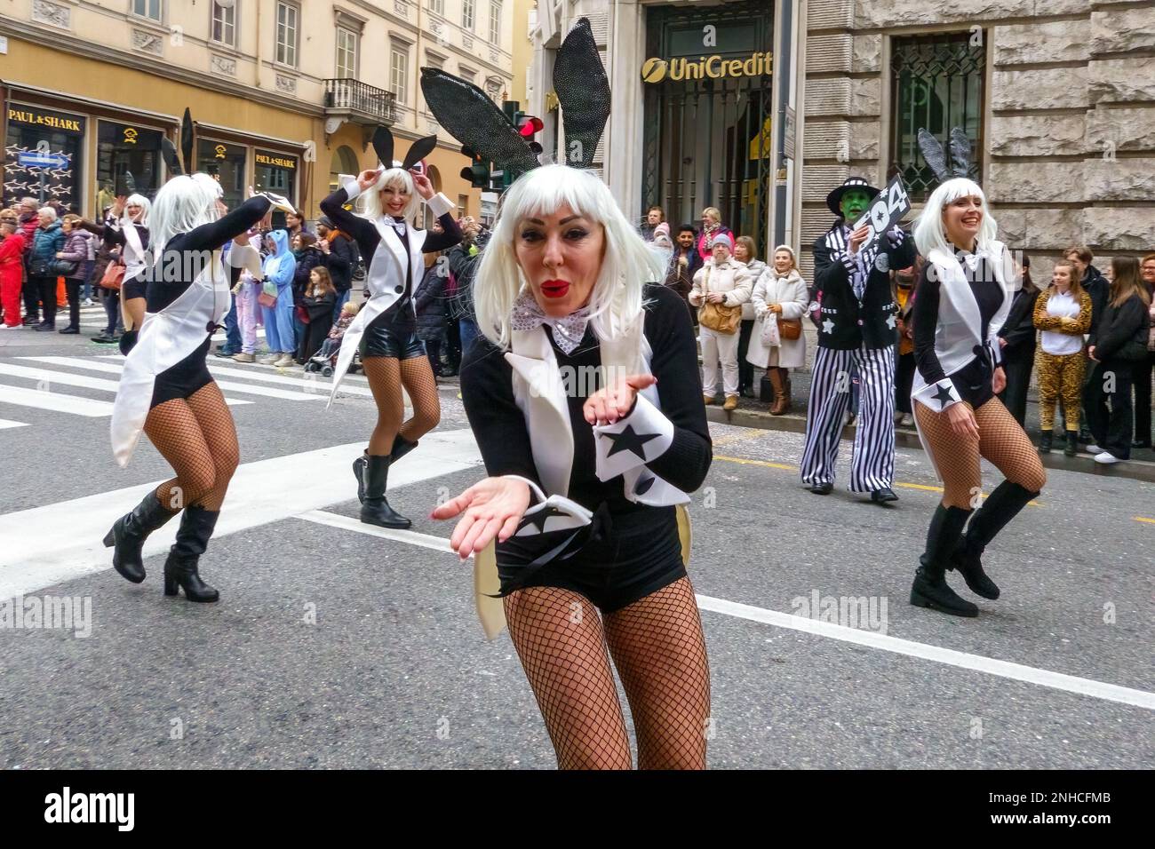 Trieste, Italy. 21st Feb, 2023. Women wearing Playboy outfits dance as ...