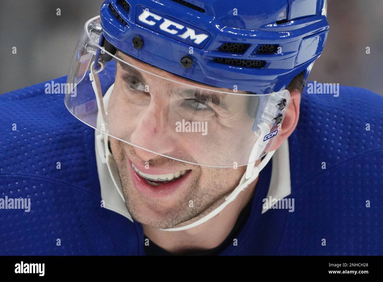 Toronto Maple Leafs center John Tavares (91) smiles as he is about to ...