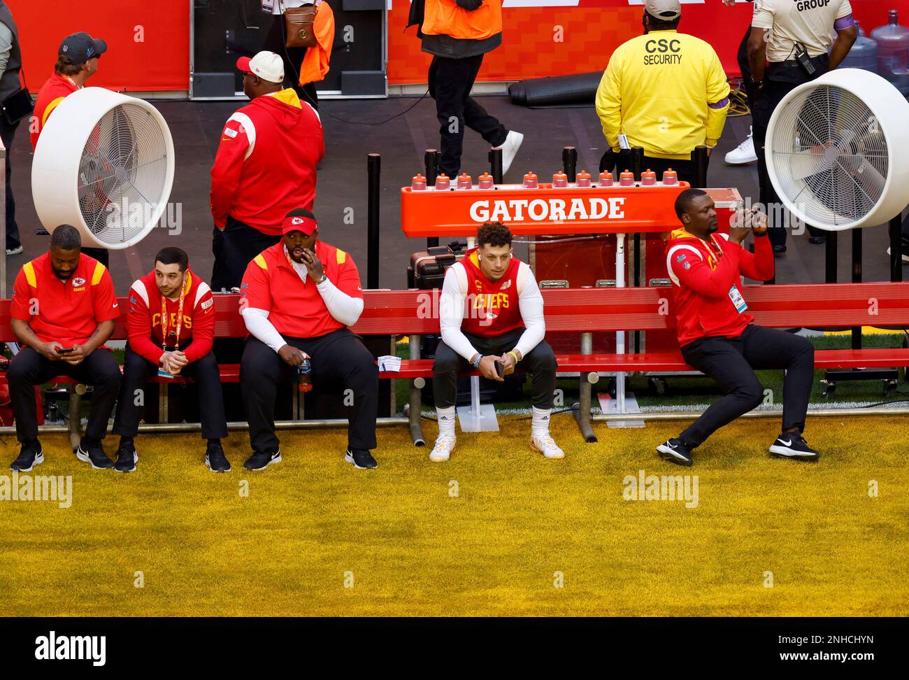 Kansas City Chiefs quarterback Patrick Mahomes (15) sits on the bench ...