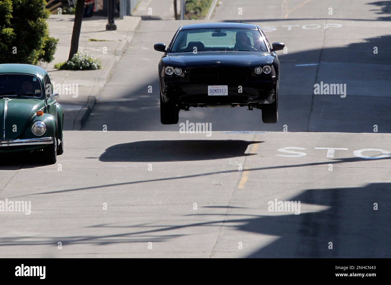 The Dodge Charger catches air, as the chase scene is filmed along ...