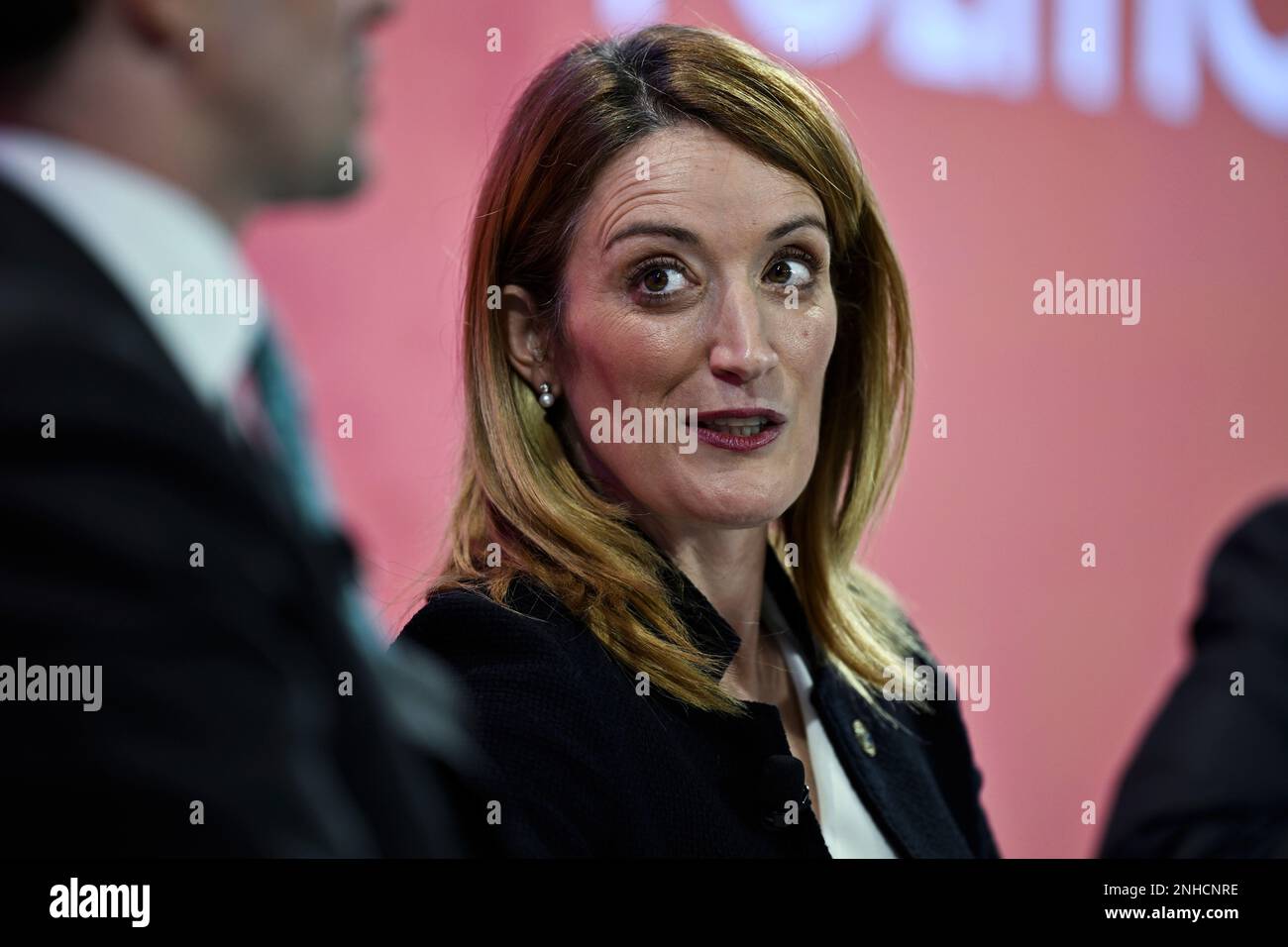 President of the European Parliament Roberta Metsola looks on during ...