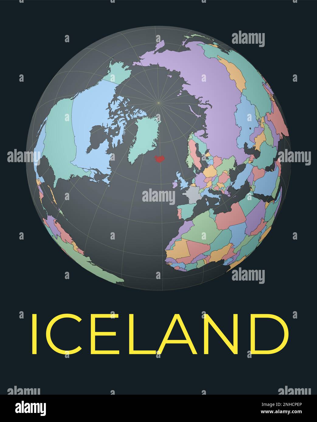 World map centered on Iceland. Red country highlighted. Satellite world ...
