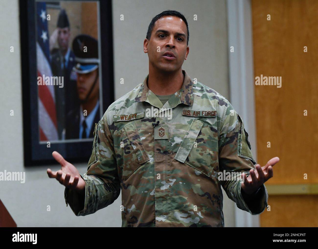 Chief Master Sgt. Alan Weary, 66th Air Base Group command chief, speaks ...
