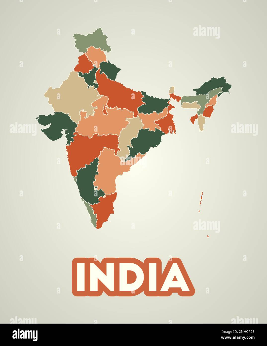 India poster in retro style. Map of the country with regions in autumn ...