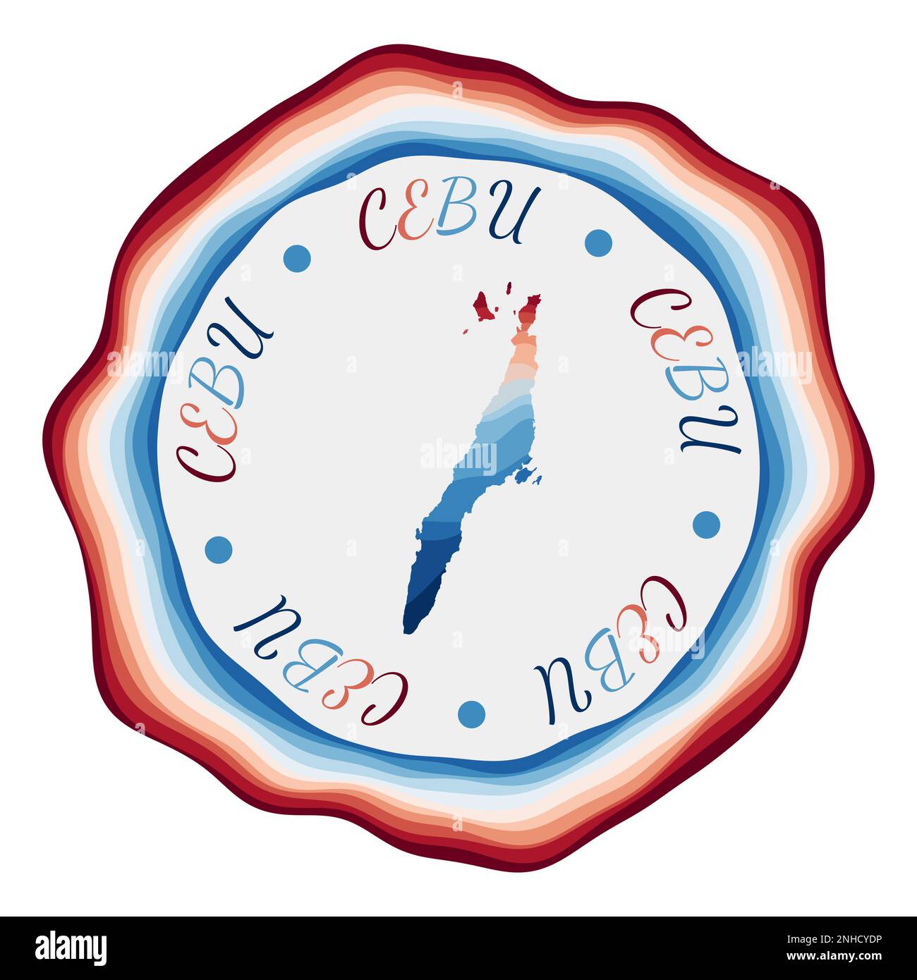 Cebu badge. Map of the island with beautiful geometric waves and vibrant red and blue frame ...