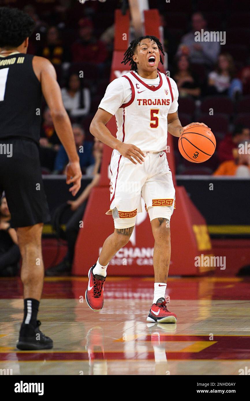 LOS ANGELES, CA - JANUARY 12: USC Trojans guard Boogie Ellis (5) shouts ...