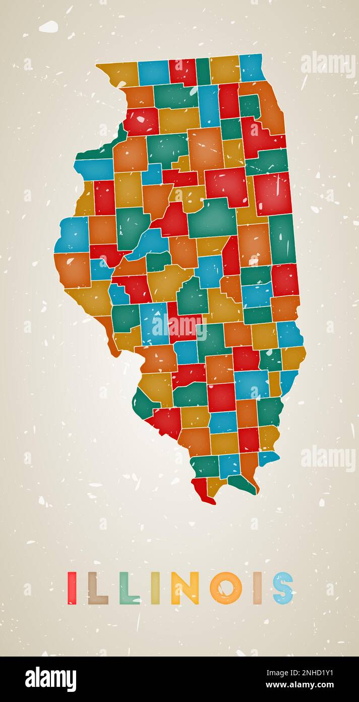 Illinois map. US state poster with colored regions. Old grunge texture ...