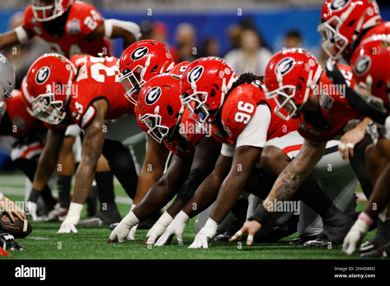 ATLANTA, GA - DECEMBER 31: Georgia Bulldogs player line up at the line ...