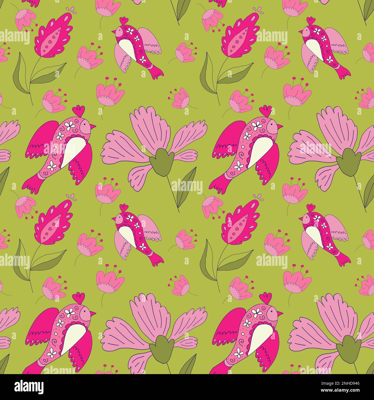 Seamless pattern with birds and flowers on a green background. Spring ...