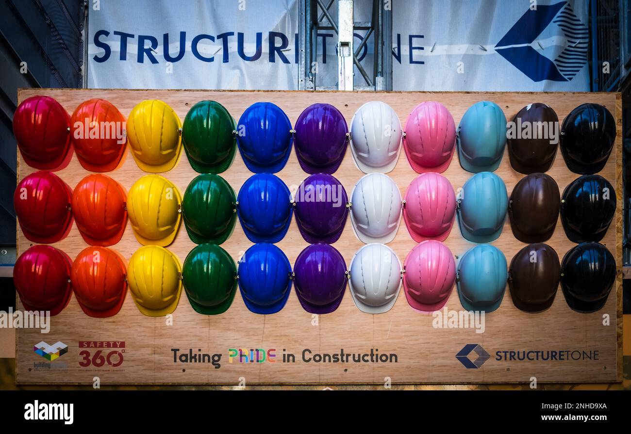 London, UK, Sept 2022, view of rows of colorful helmets at a ...