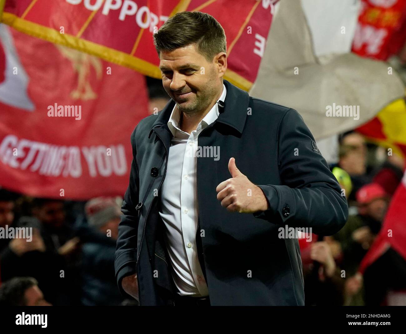 Liverpool, UK. 21st Feb, 2023. Former player Steven Gerrard walks in ...