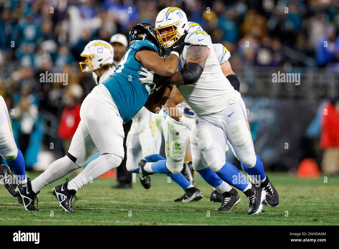 JACKSONVILLE, FL - JANUARY 14: Los Angeles Chargers guard Matt Feiler ...