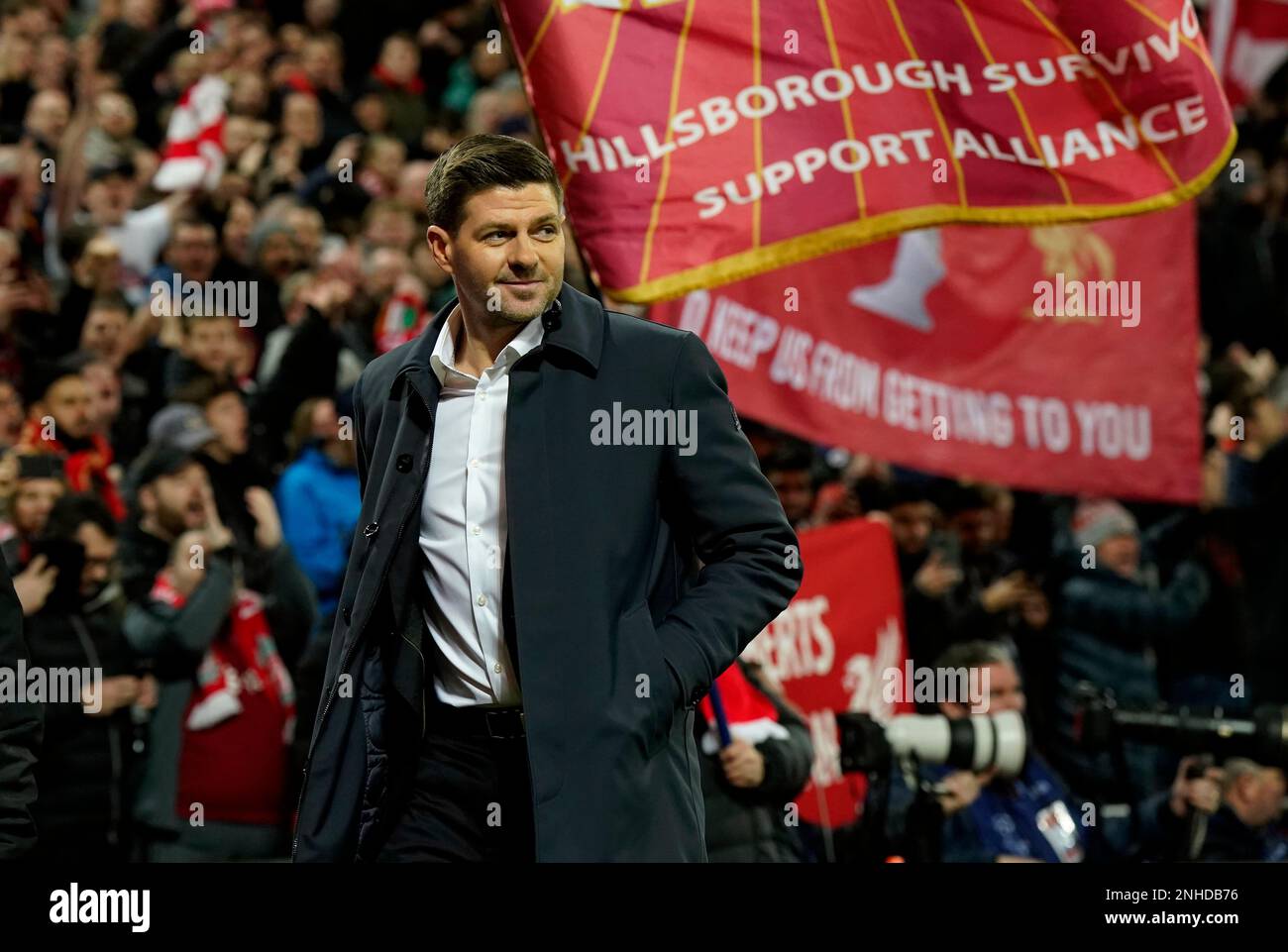 Liverpool, UK. 21st Feb, 2023. Former player Steven Gerrard walks in ...
