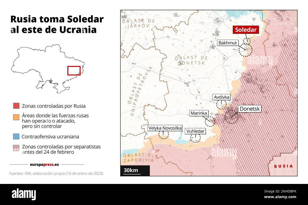 Map showing the location of Soledar (Ukraine) and several towns in ...