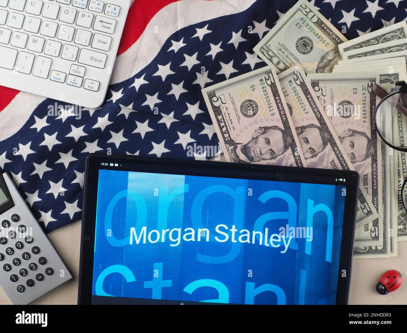 In this photo illustration, Morgan Stanley logo seen displayed on a ...