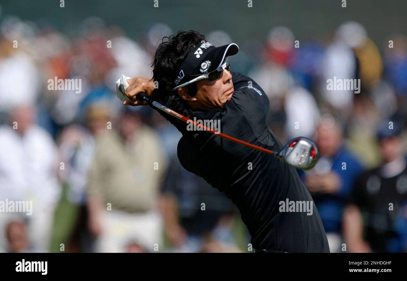 Ryo Ishikawa coils after his tee shot on the par-4 4th hole which he drove, during 3rd round ...