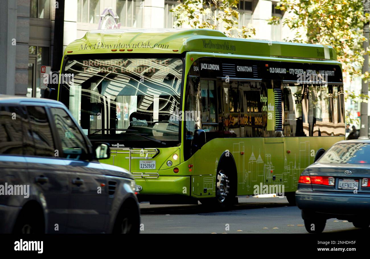 Passengers ride the Free Broadway Shuttle down Broadway in downtown ...