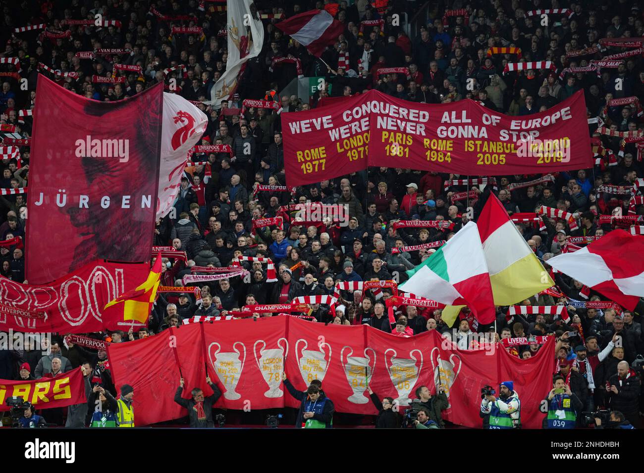 Liverpool fans cheer ahead of the Champions League, round of 16, first ...