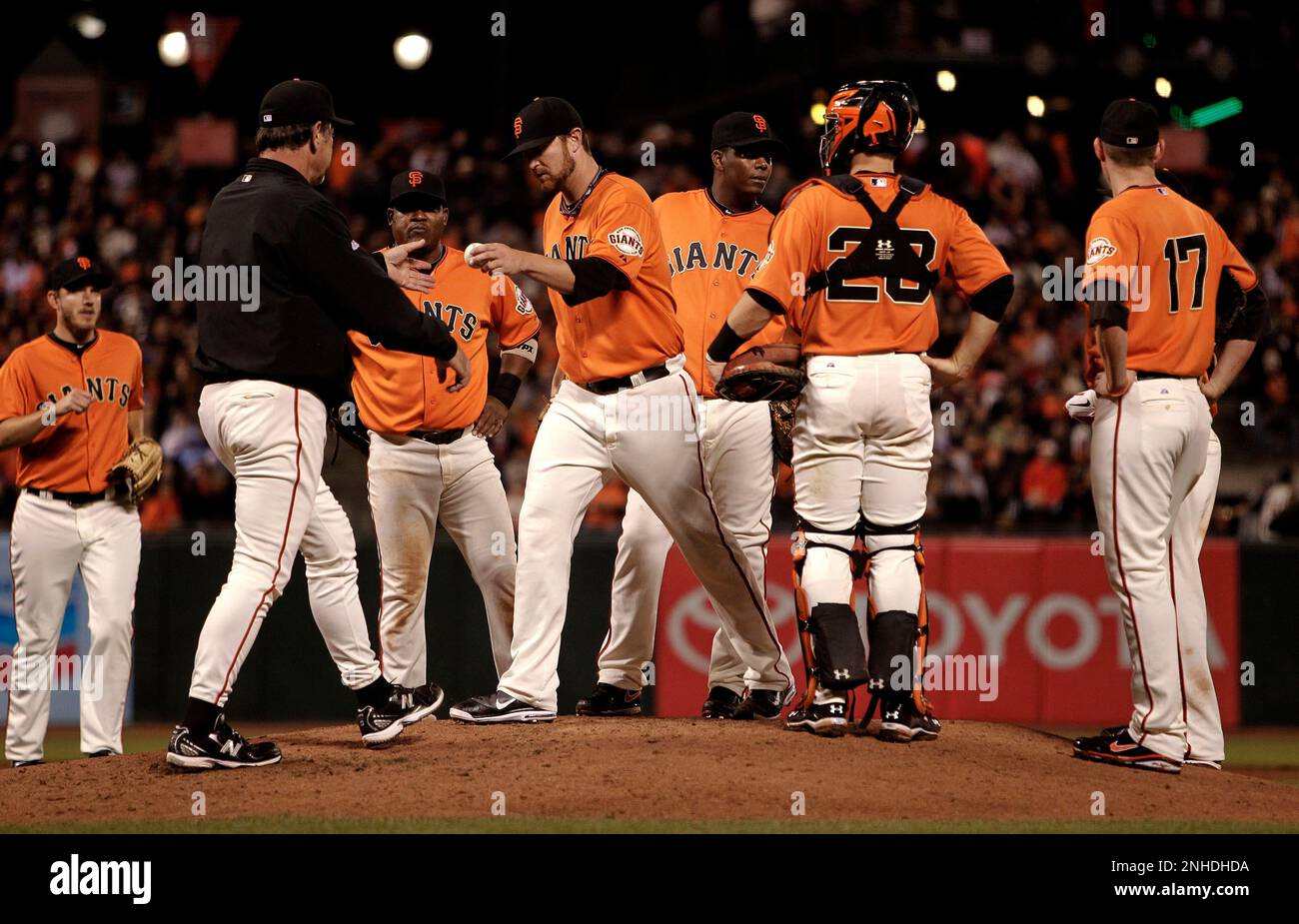 Giants pitcher Dan Runzler leaves in the sixth inning with the score 6 ...