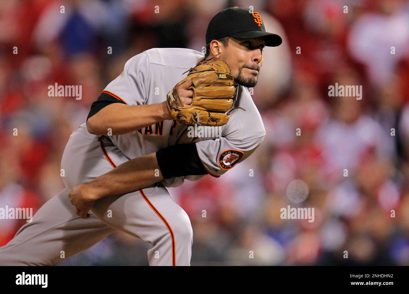 Giants pitcher Javier Lopez works in the seventh inning of Game 1 of ...