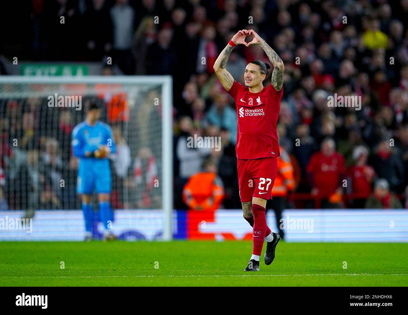 Liverpool's Darwin Nunez celebrates scoring their side's first goal of ...