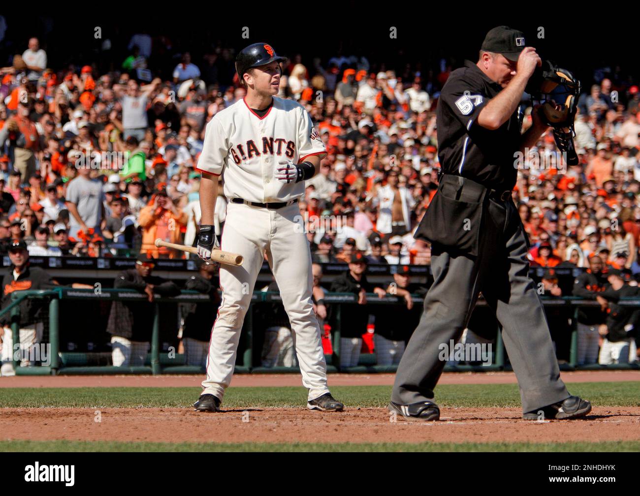 Giants catcher Buster Posey is stunned by a called strike three by ...