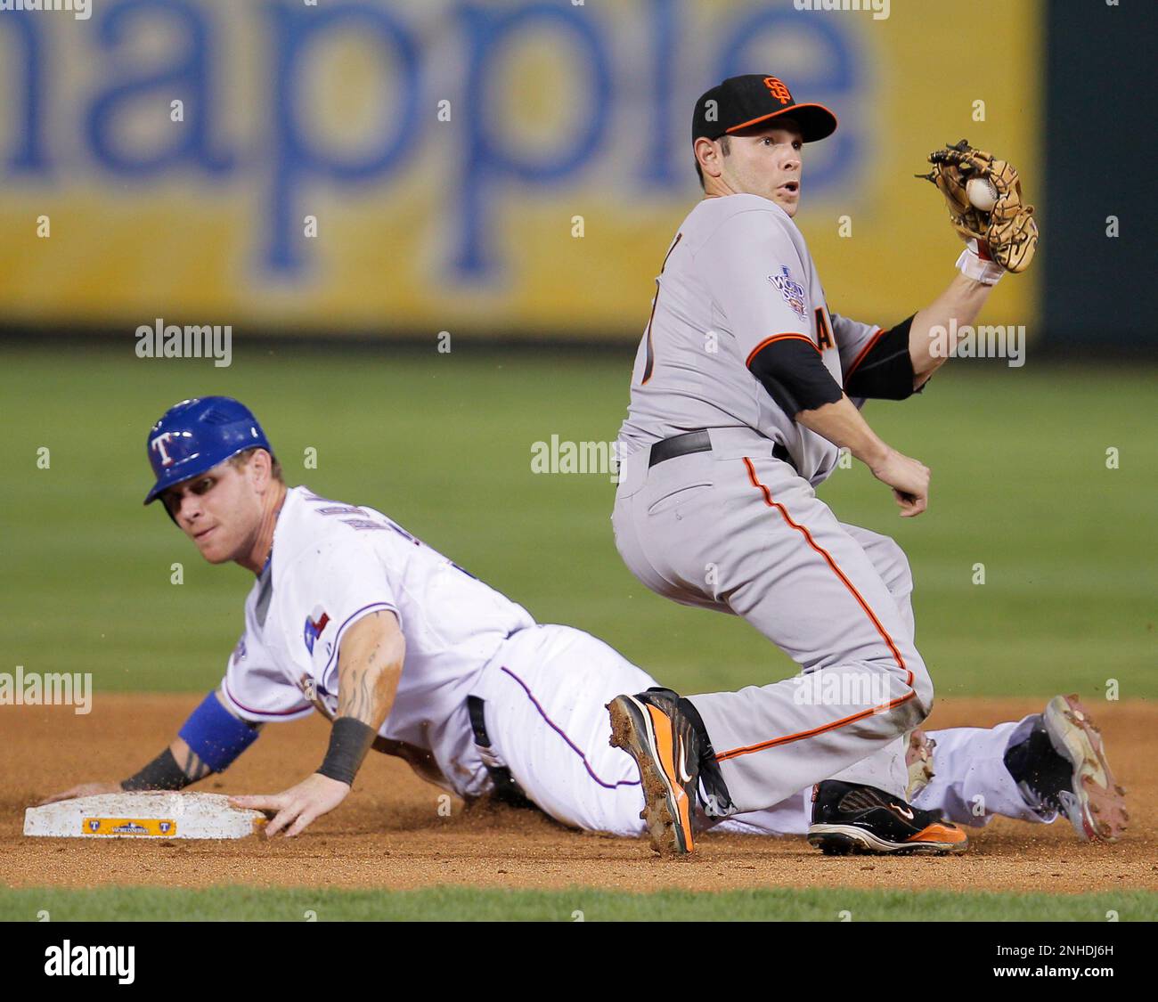 San Francisco Giants second baseman Freddy Sanchez gets the out on ...