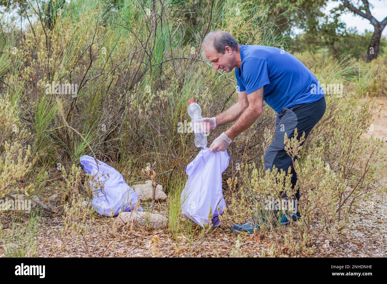 Man with garbage bags and gloves cleaning the bush from polluting ...