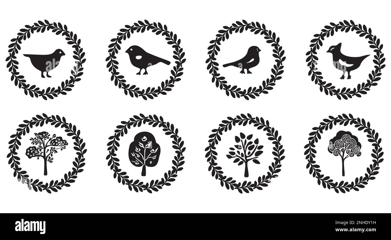 Collection of bird and yard vector illustration. Set of naive hand ...